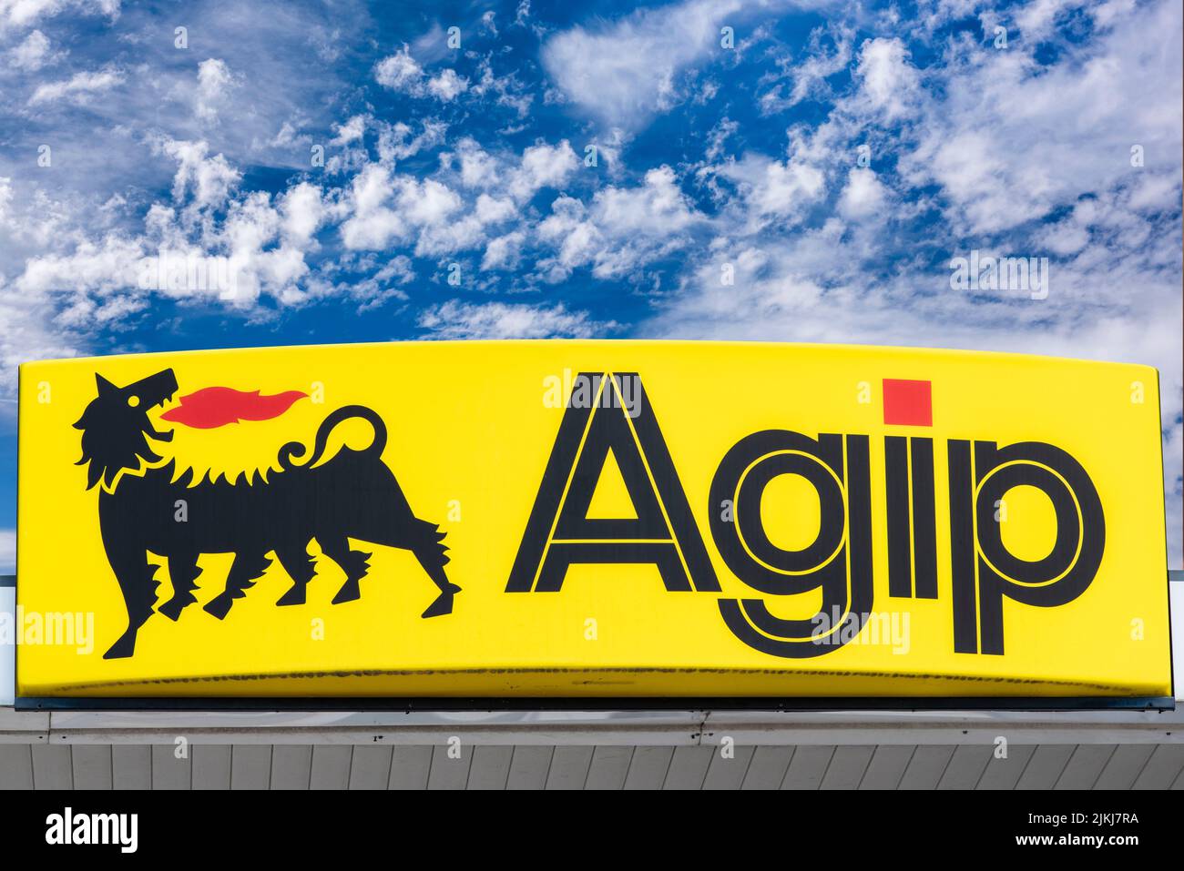 Advertising sign of the company AGIP on its gas station in Gersthofen ...