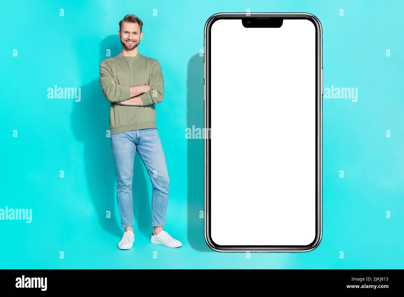 Full body photo of millennial guy crossed arms near telephone wear ...