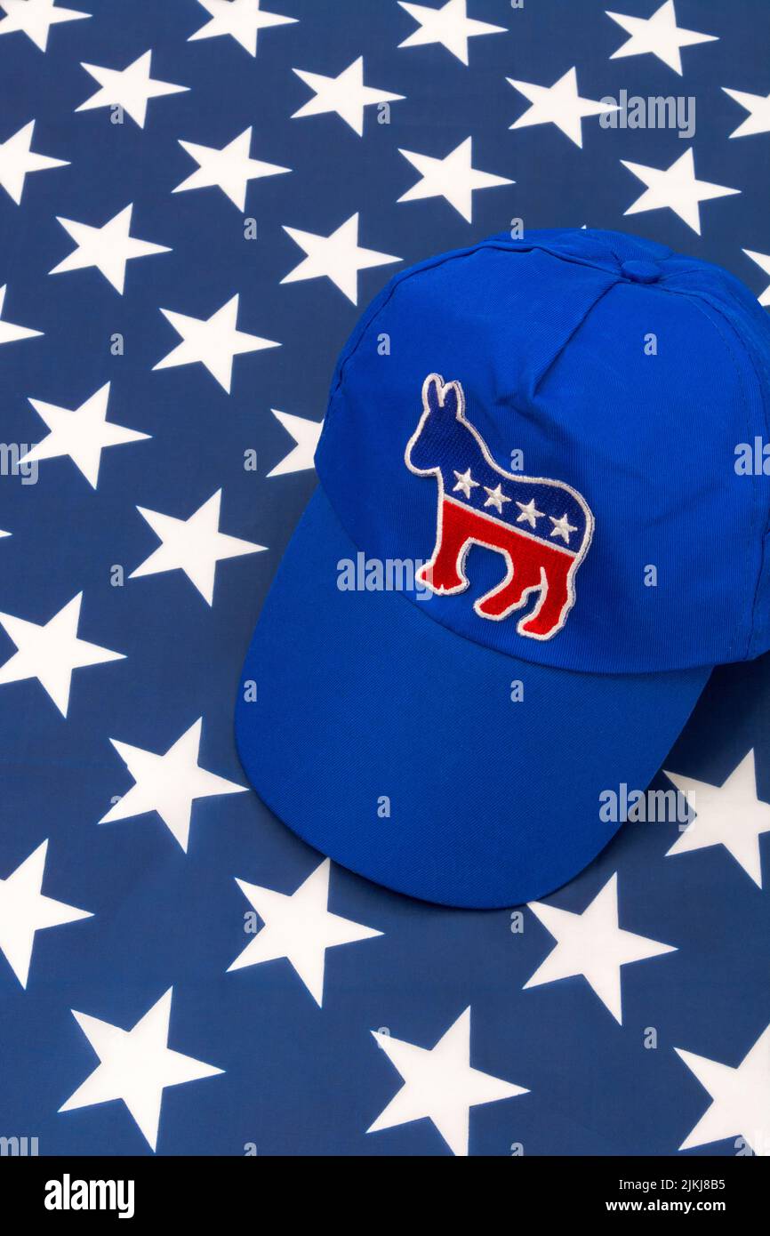 Blue DNC cap with Dem donkey badge & US Stars and Stripes flag. For ...