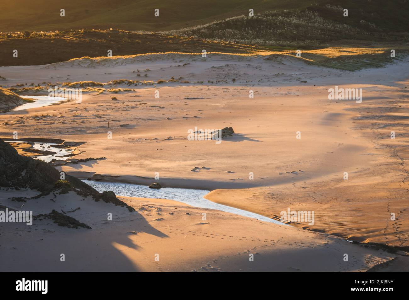 A beautiful shot of puddles on the wet sand of the Ocean Beach at ...