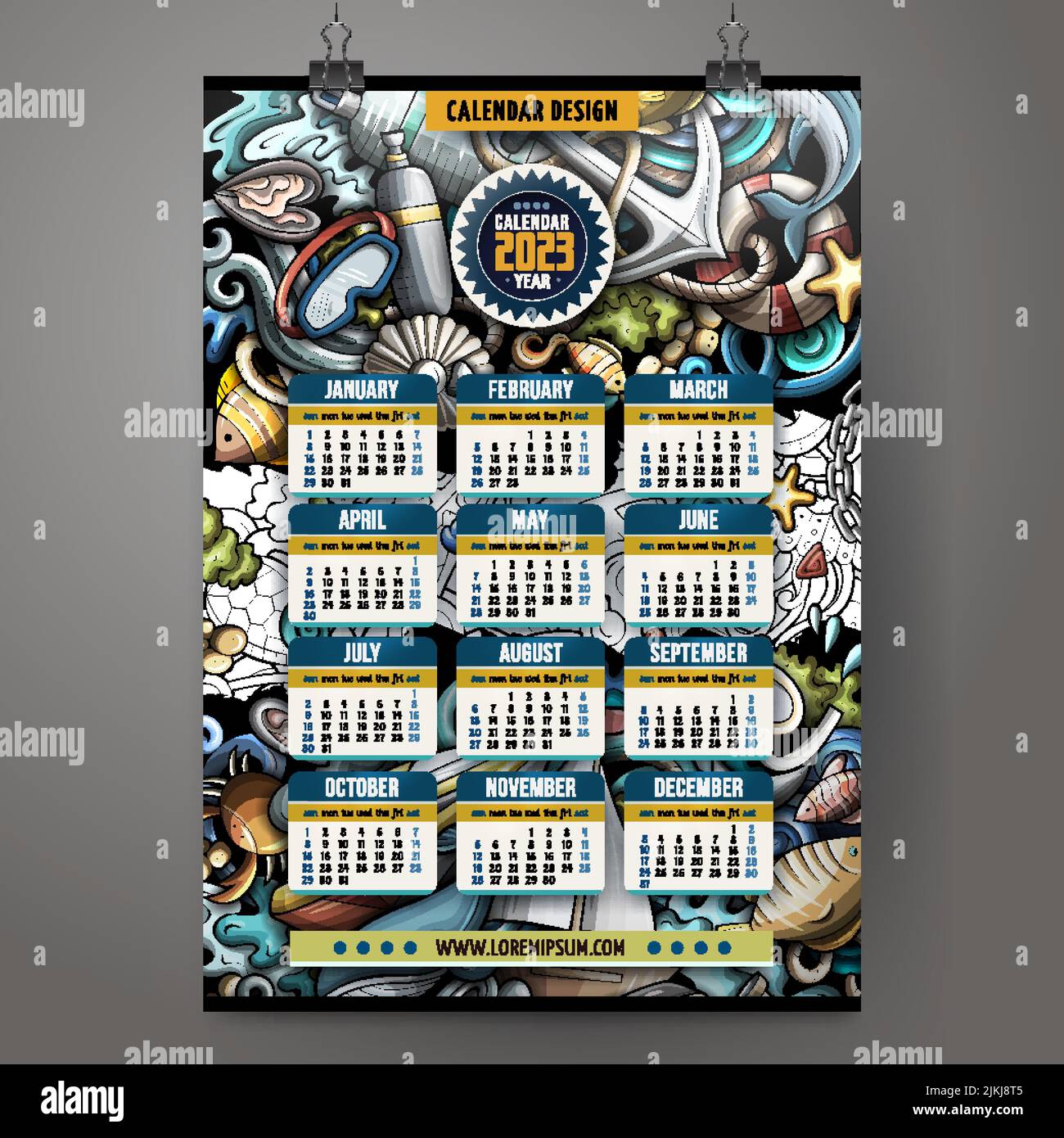 Cartoon colorful doodles Diving calendar template Stock Vector Image ...