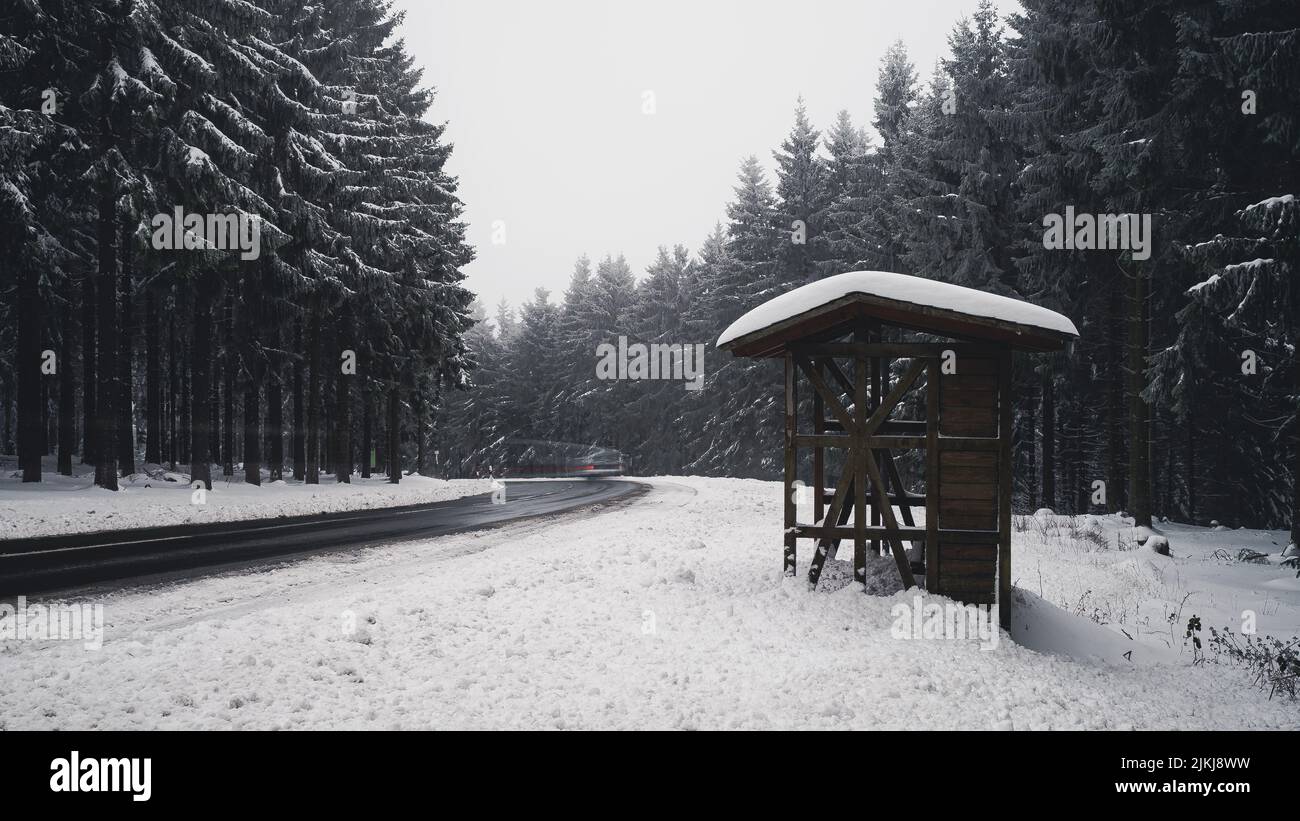 An empty road and wooden rustic station between snowy fir trees forest ...