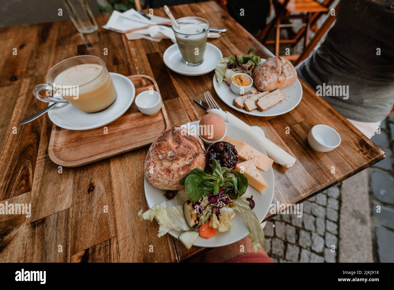 A top view of the lunch table set for two in a restaurant during ...