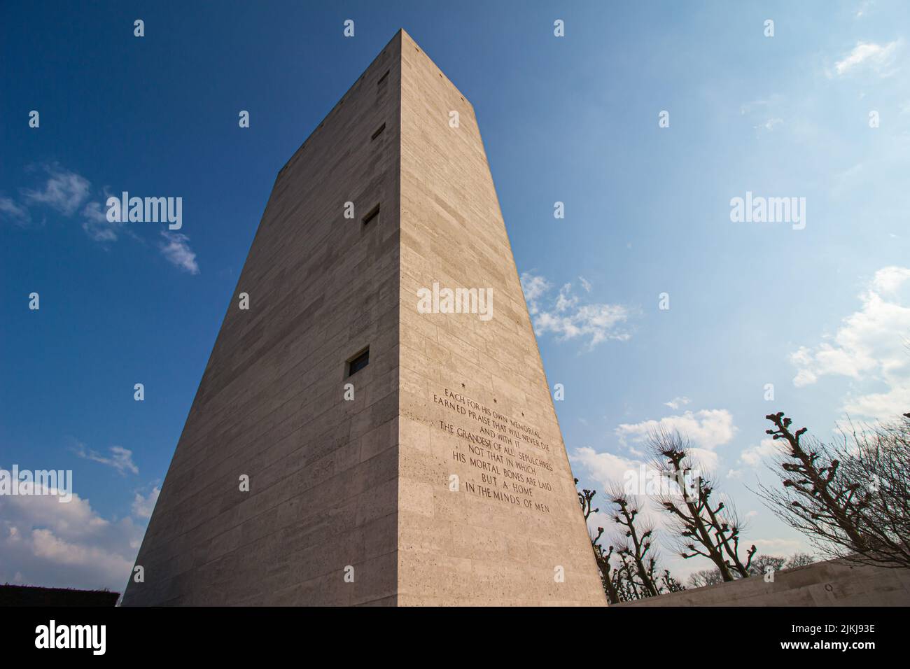 A low angle shot of a memorial tower in the American military cemetery ...
