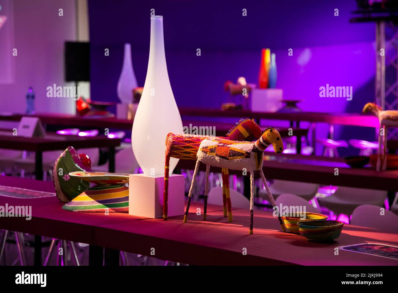 A purple interior design for an indoor media party event Stock Photo ...