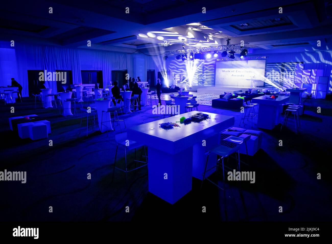 The interior design with blue lighting at a corporate event party Stock ...