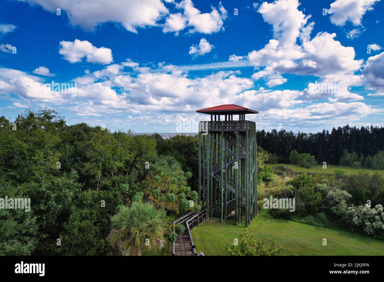 An aerial view of the Observation Tower at the Chain of Lakes Park in ...
