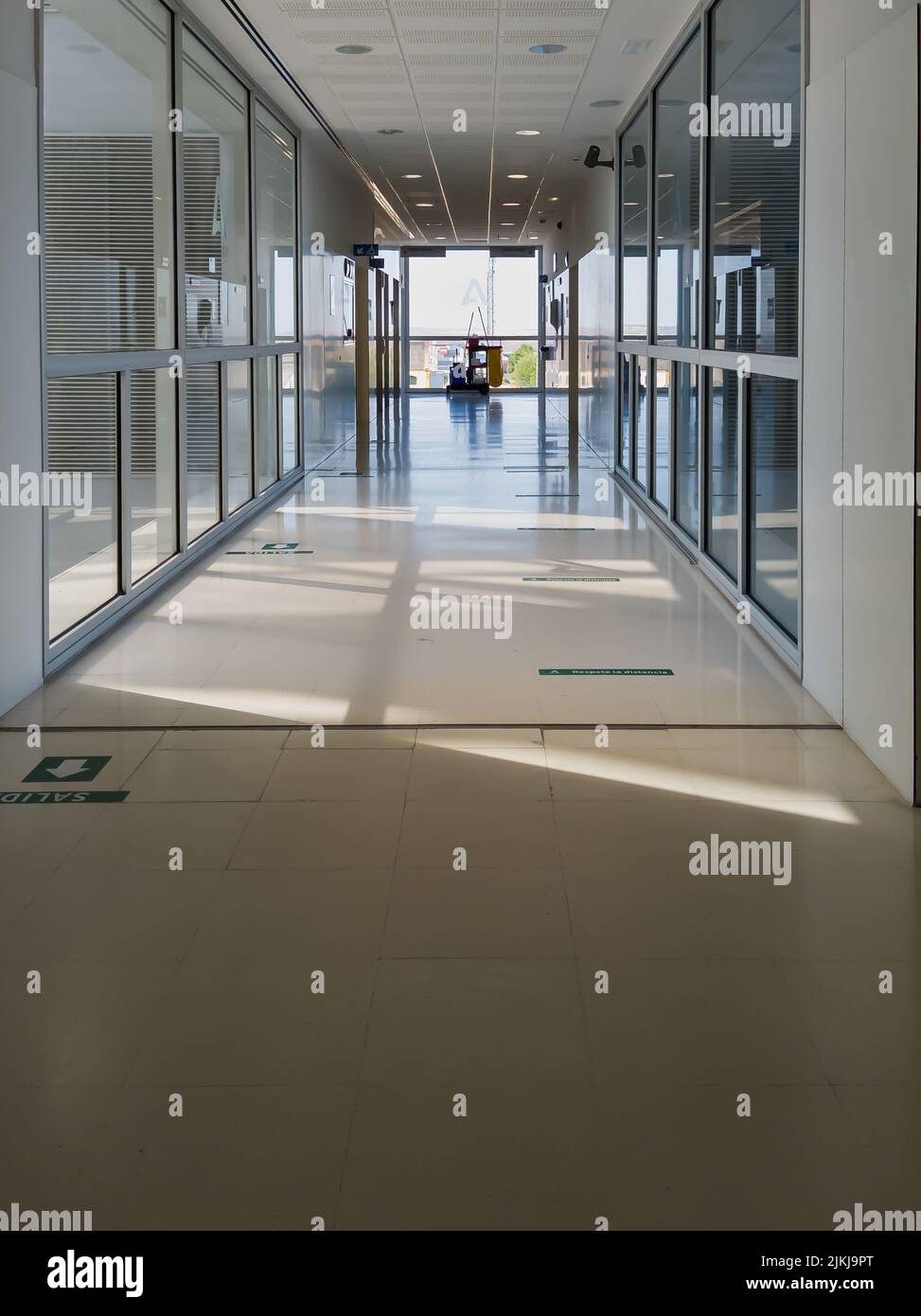 A vertical shot of an empty glass corridor of a hospital with a ...