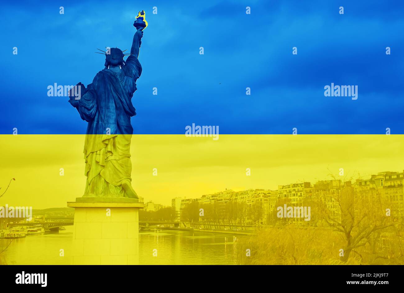 A 3D rendering of the statue of liberty with the Ukrainian flag over it ...