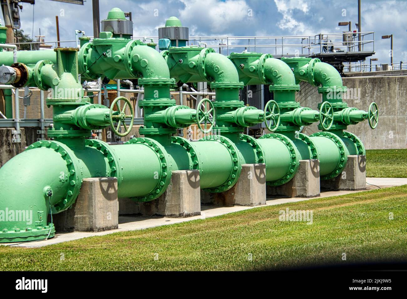 A view of a Water treatment green pipes and valves at the Blue Heron ...