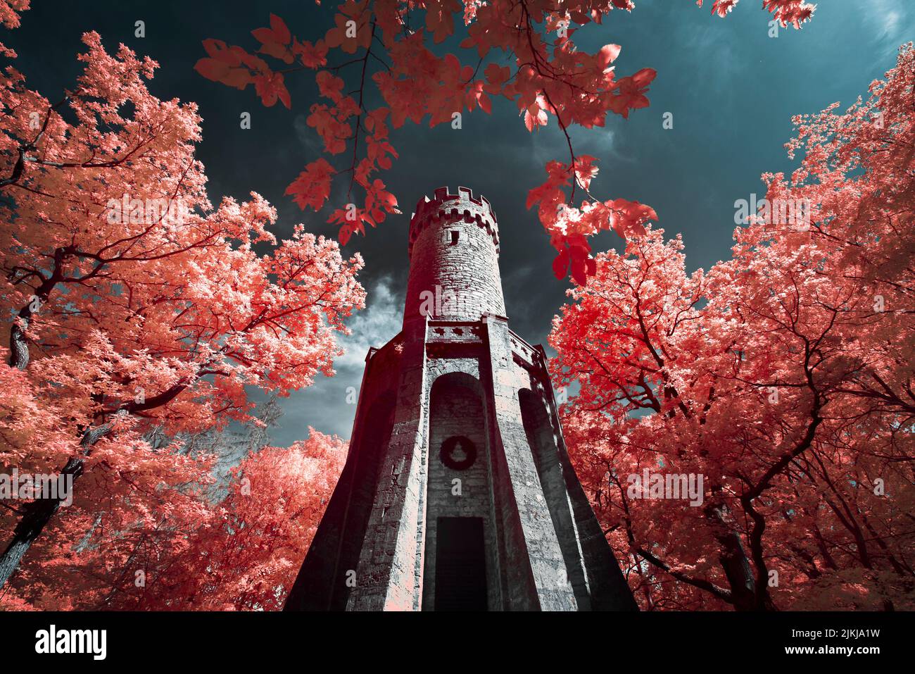Forestry tower near Jena surrounded by deciduous trees in infrared ...