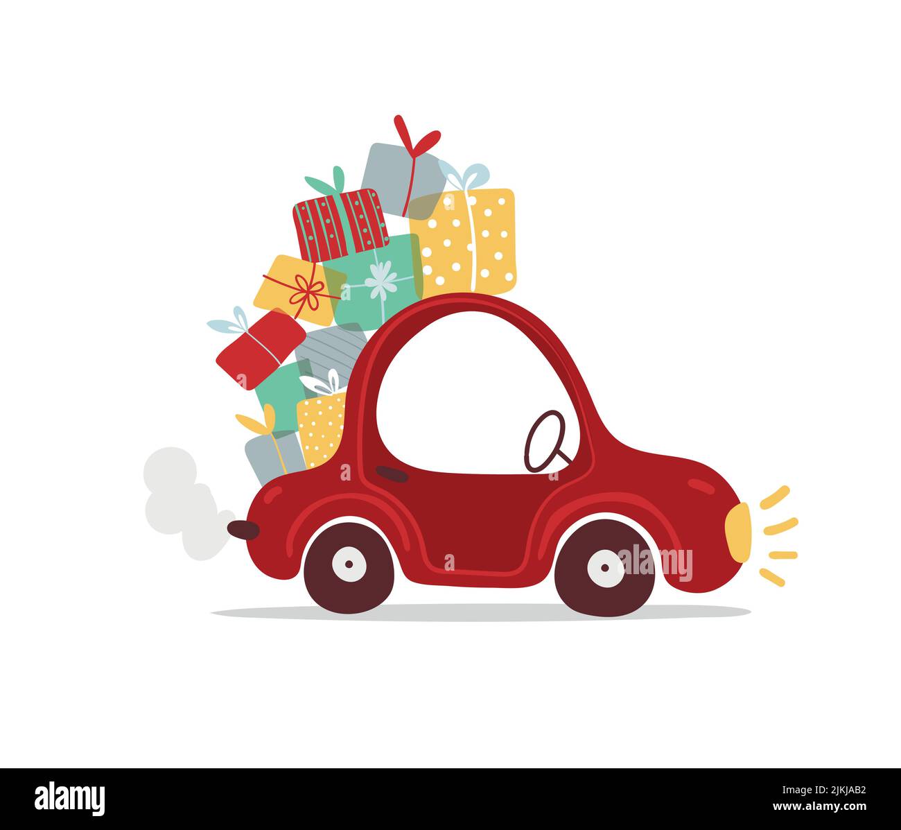 A vintage car is carrying a bunch of gifts. Funny and cute christmas ...