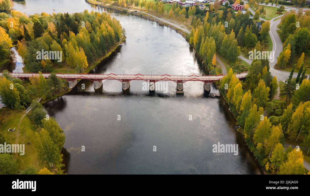 An aerial view of the Lejonstromsbron wooden bridge in Skelleftea ...