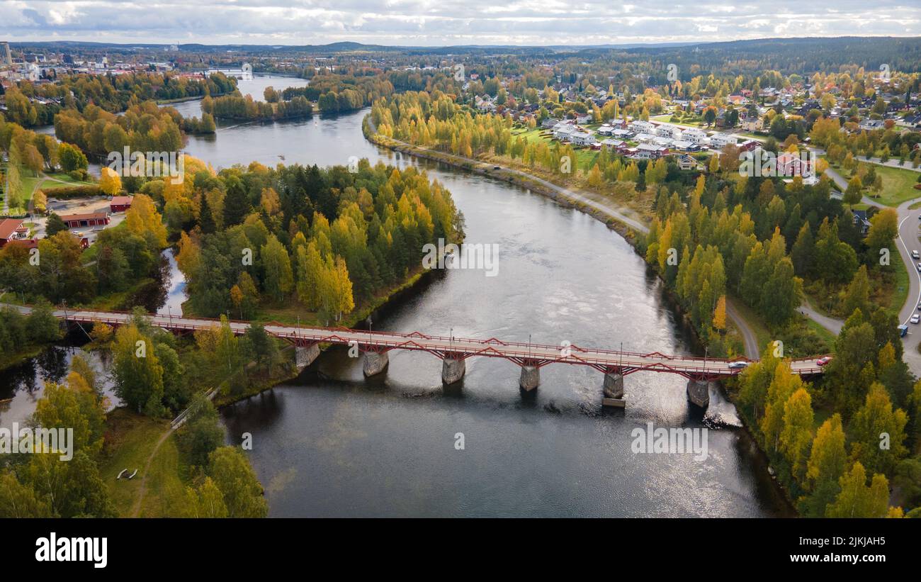 An aerial view of the Lejonstromsbron wooden bridge in Skelleftea ...