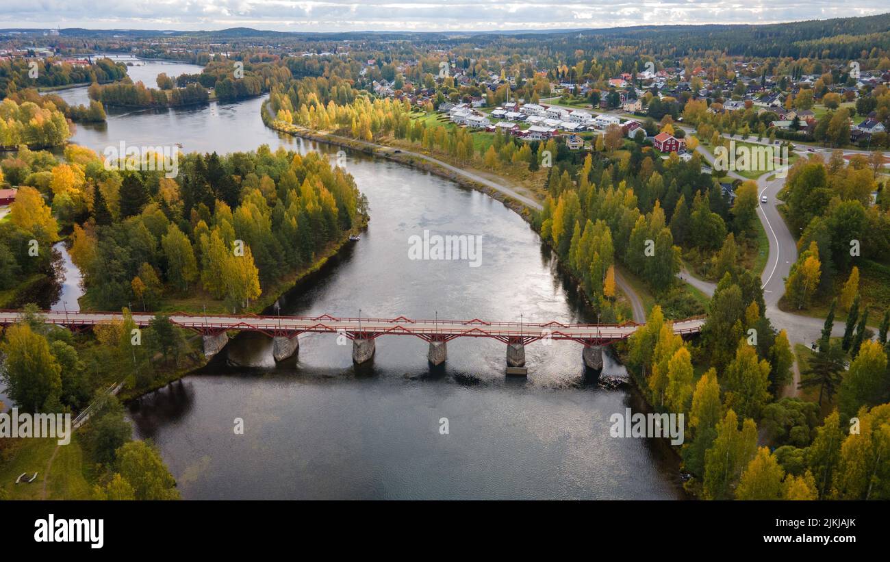 An aerial view of the Lejonstromsbron wooden bridge in Skelleftea ...