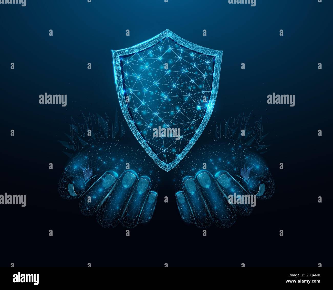 Two human hands hold a shield. Wireframe glowing low poly guard. Design ...