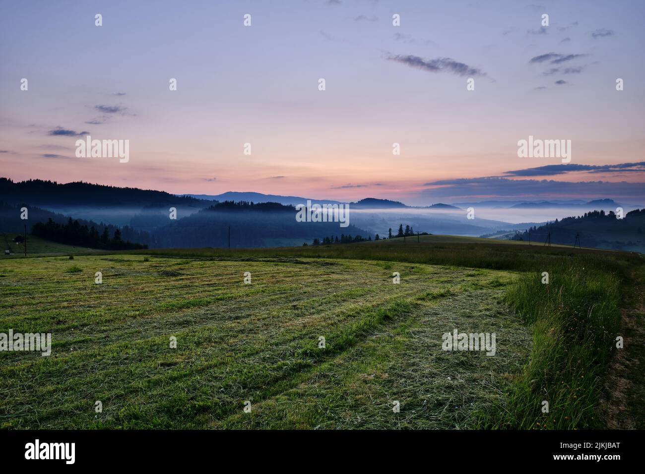 A striped green field at sunset with mountains hidden behind fog in the ...