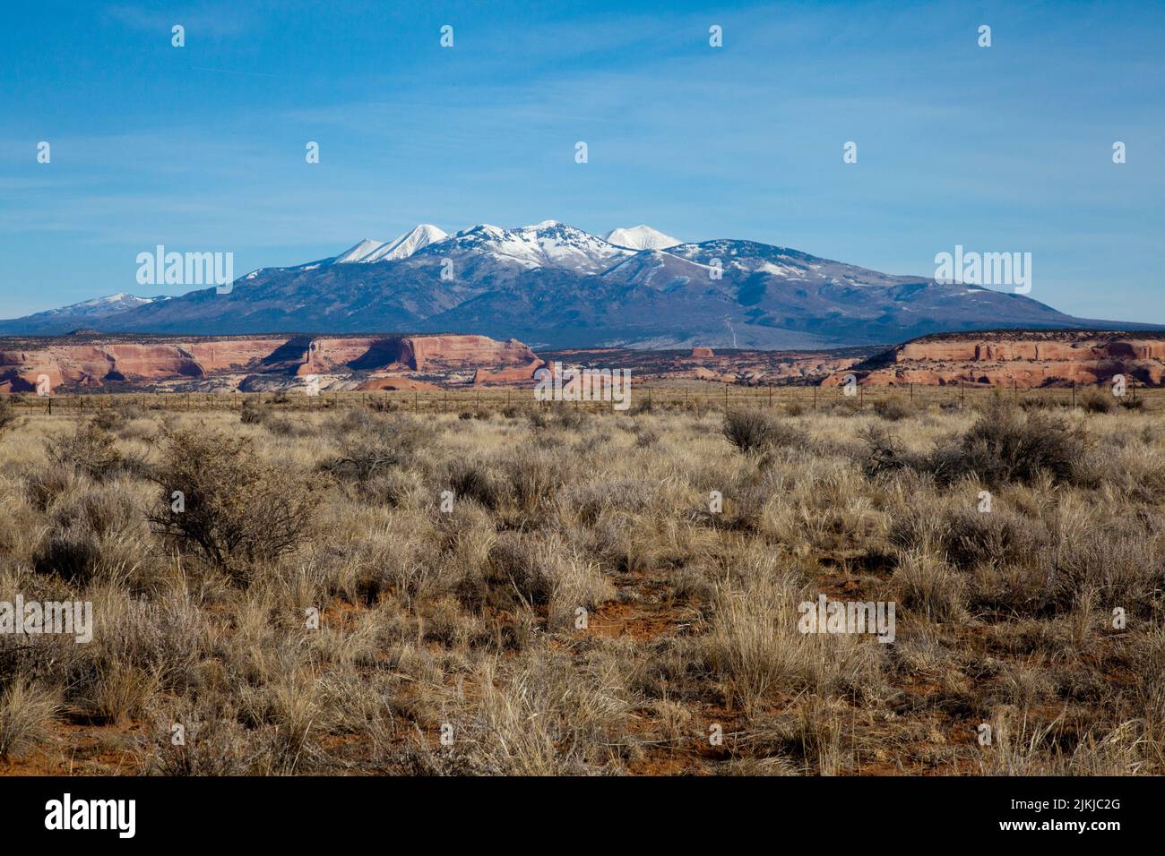 La Sal mountain range next to red rocks of Canyonlands outside of Moab ...