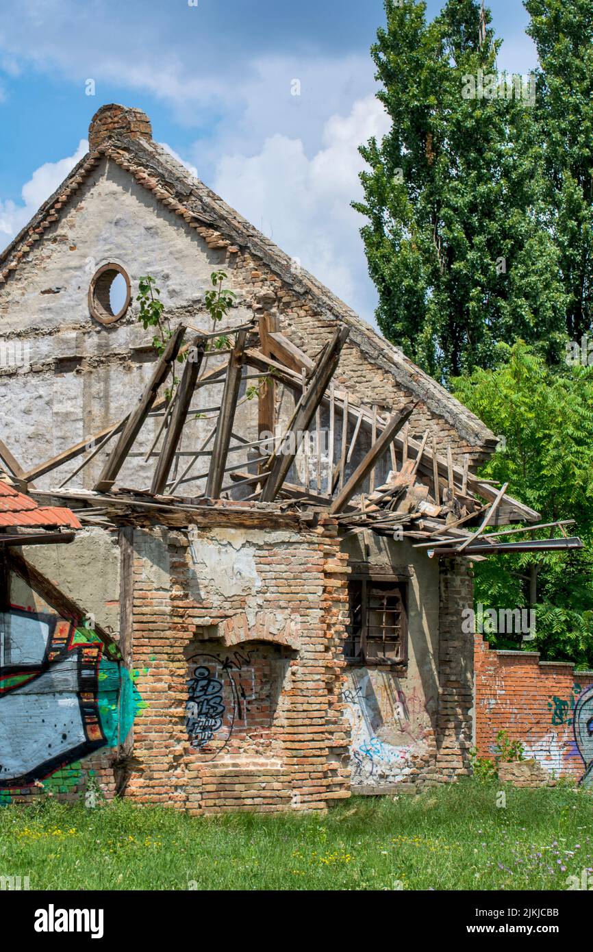 Zrenjanin, Serbia, July 04, 2020. The roof of an old building collapsed ...
