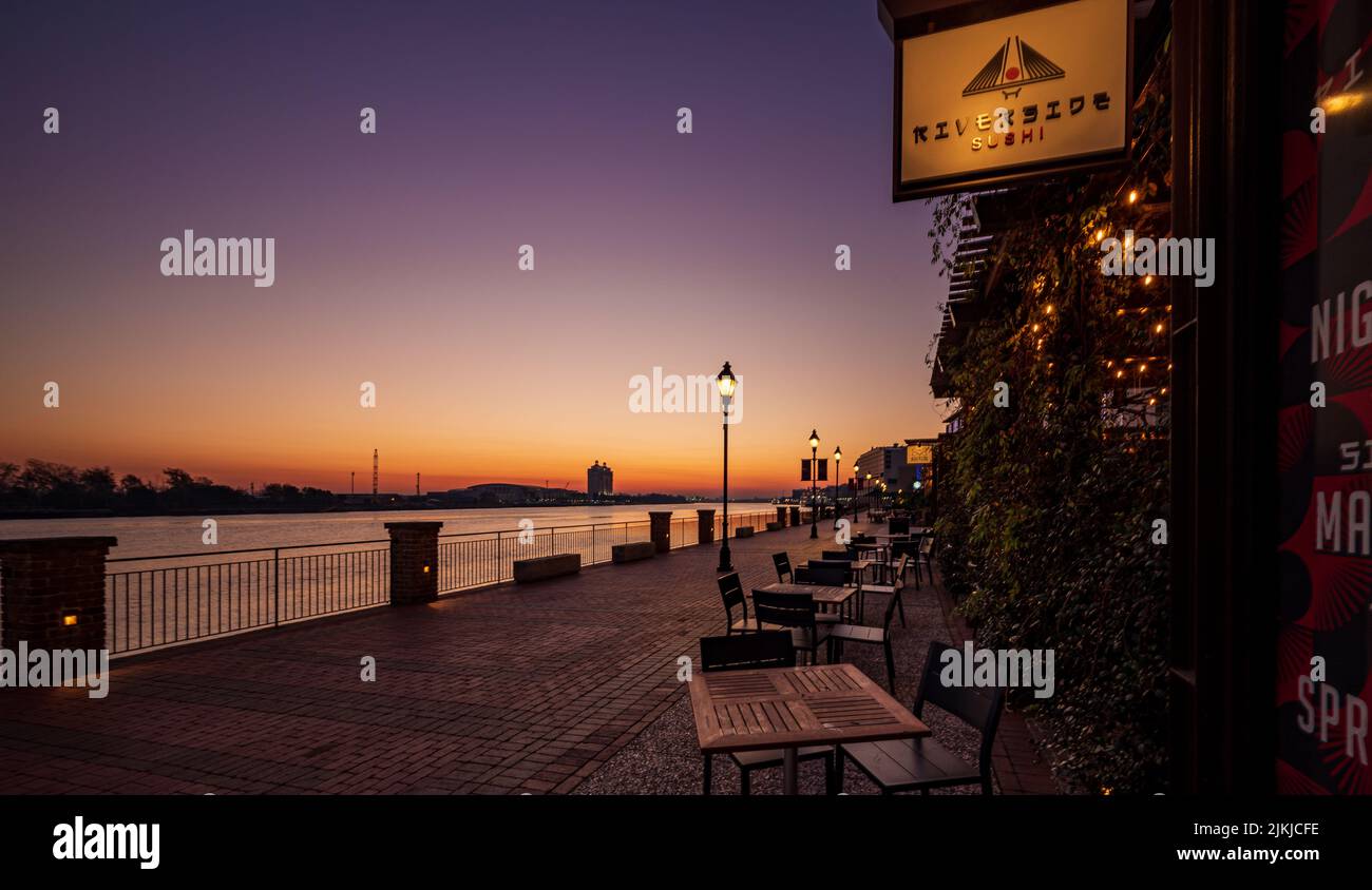 A scenic view of the "Riverside sushi" restaurant on a riverside at ...