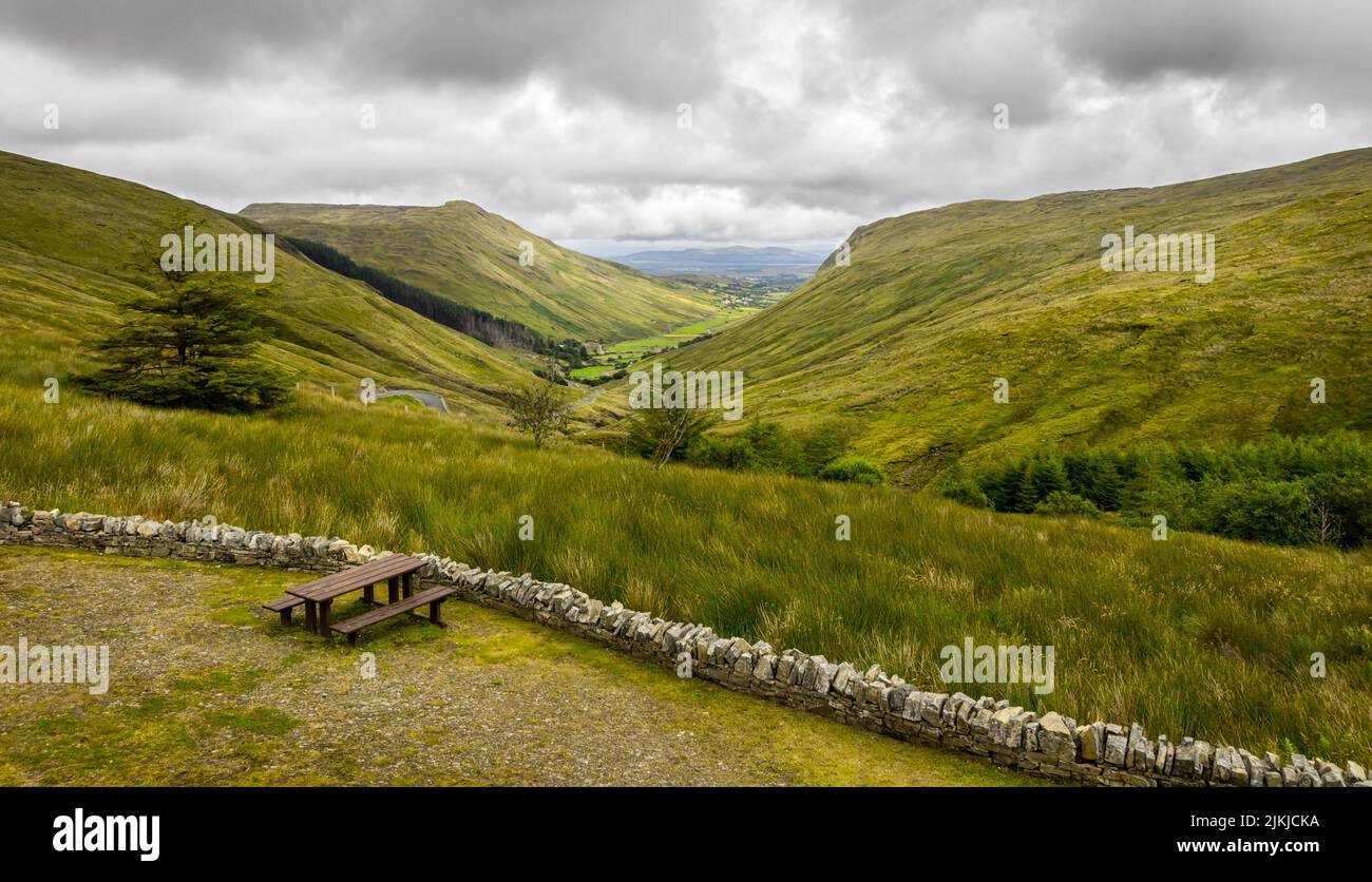 An aerial view of the green rural Glengesh Pass in Ireland Stock Photo ...