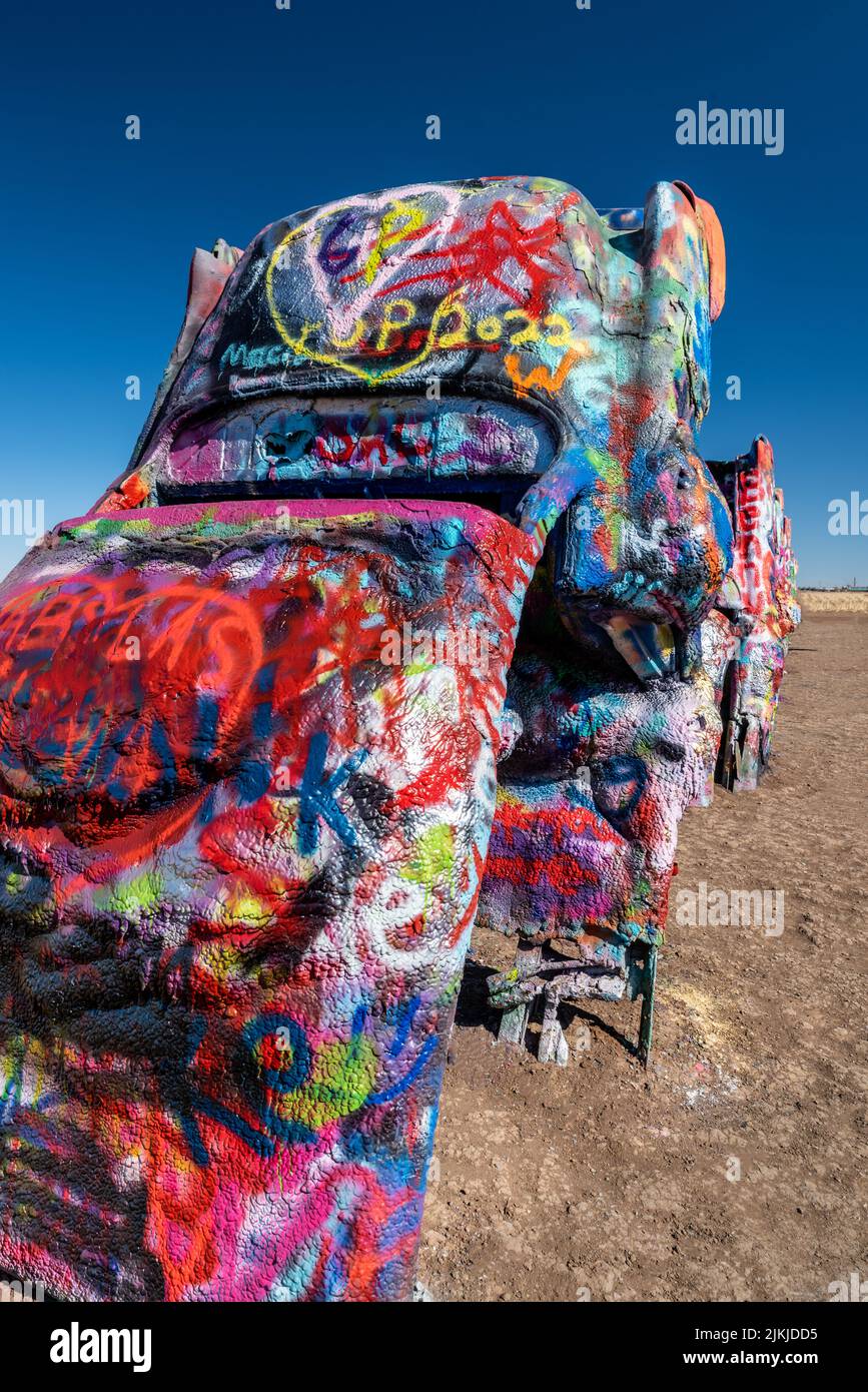 A view of the Cadillac Ranch with graffiti in Amarillo, Texas Stock ...