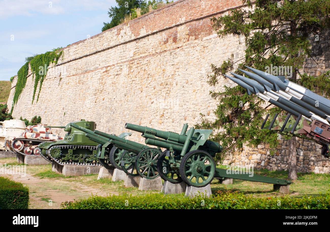 See old tanks, cannons, weapons on display at the outdoor military ...