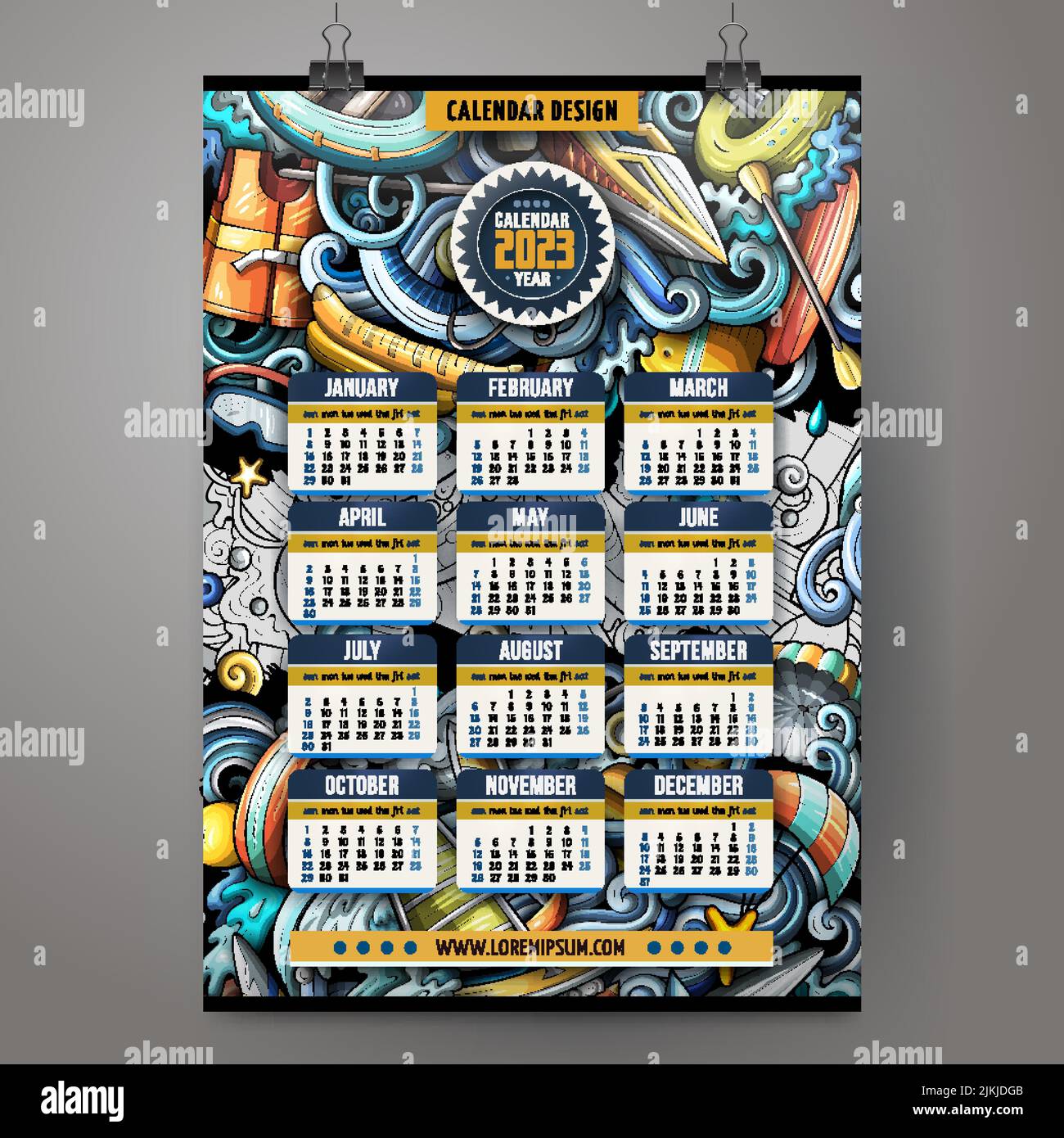 Cartoon colorful doodles Water Sport 2023 year calendar Stock Vector ...
