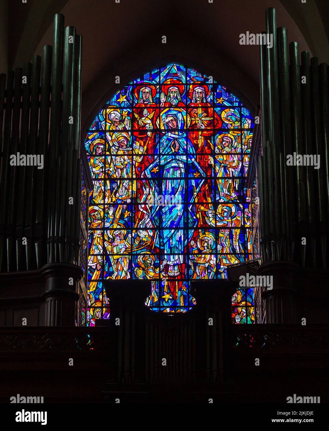 A vertical of the mosaic stained glass window of St Nicholas Church in ...