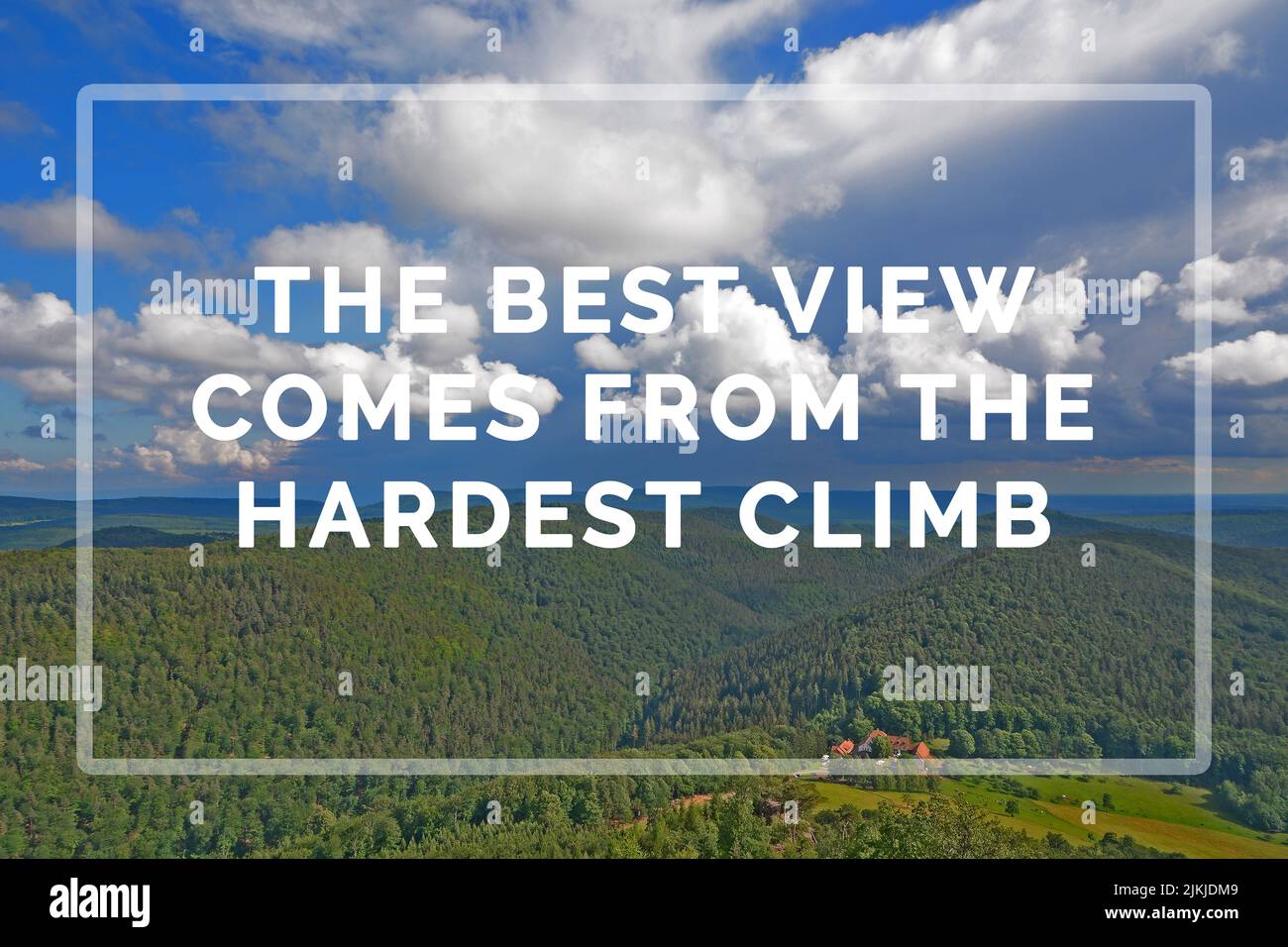 A motivational climbing poster on a rural mountain background Stock ...