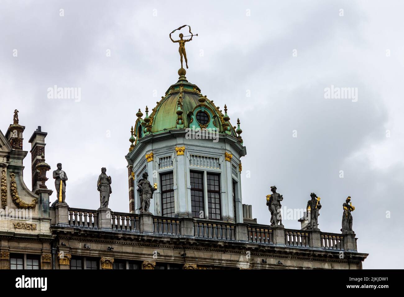 A closeup of sculptures on the roof of Guild historical buildings in ...