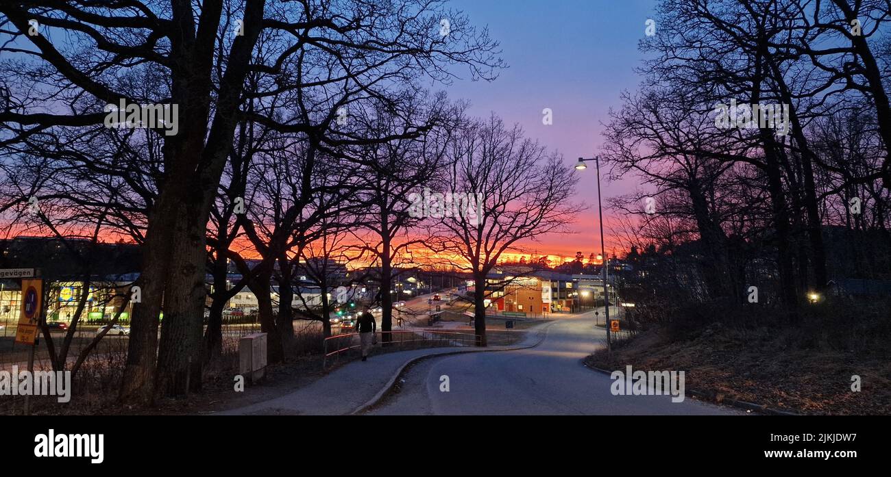A beautiful pink sunset shining through the sky at the Sollentuna ...