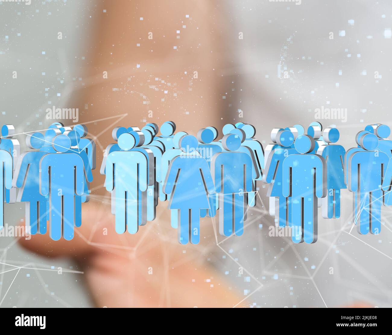 The White and blue group of people flying over desktop 3D rendering ...