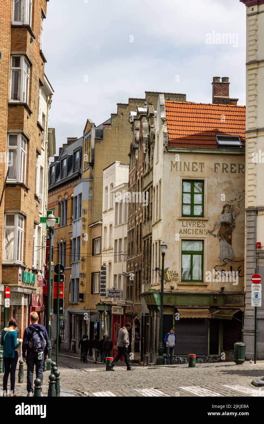 A scenic shot of typical European buildings in downtown Brussels ...