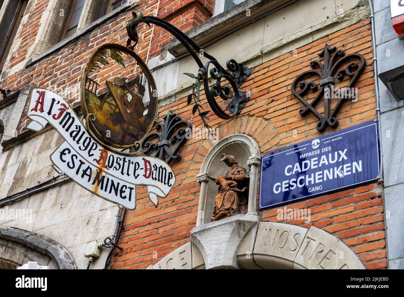 A closeup of signs on the historical facade of the buildings in ...