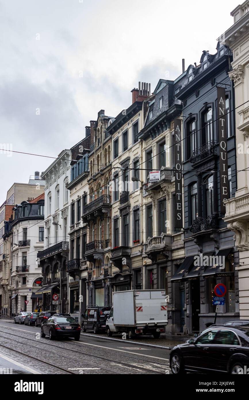 A scenic shot of typical European buildings in downtown Brussels ...