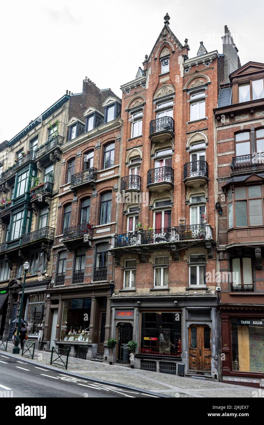 A scenic shot of typical European buildings in downtown Brussels ...