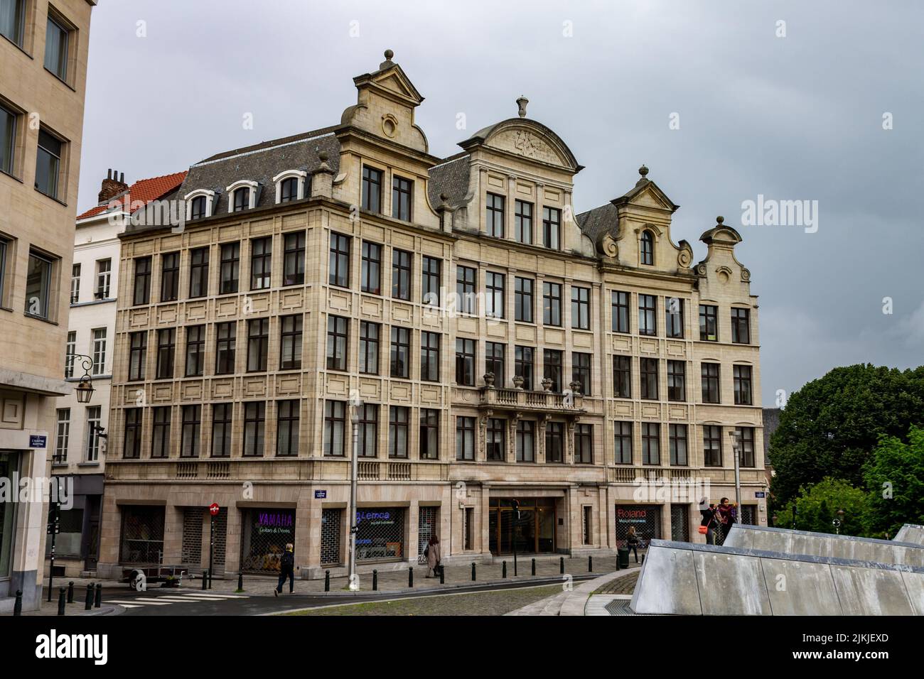 A scenic shot of typical European buildings in downtown Brussels ...