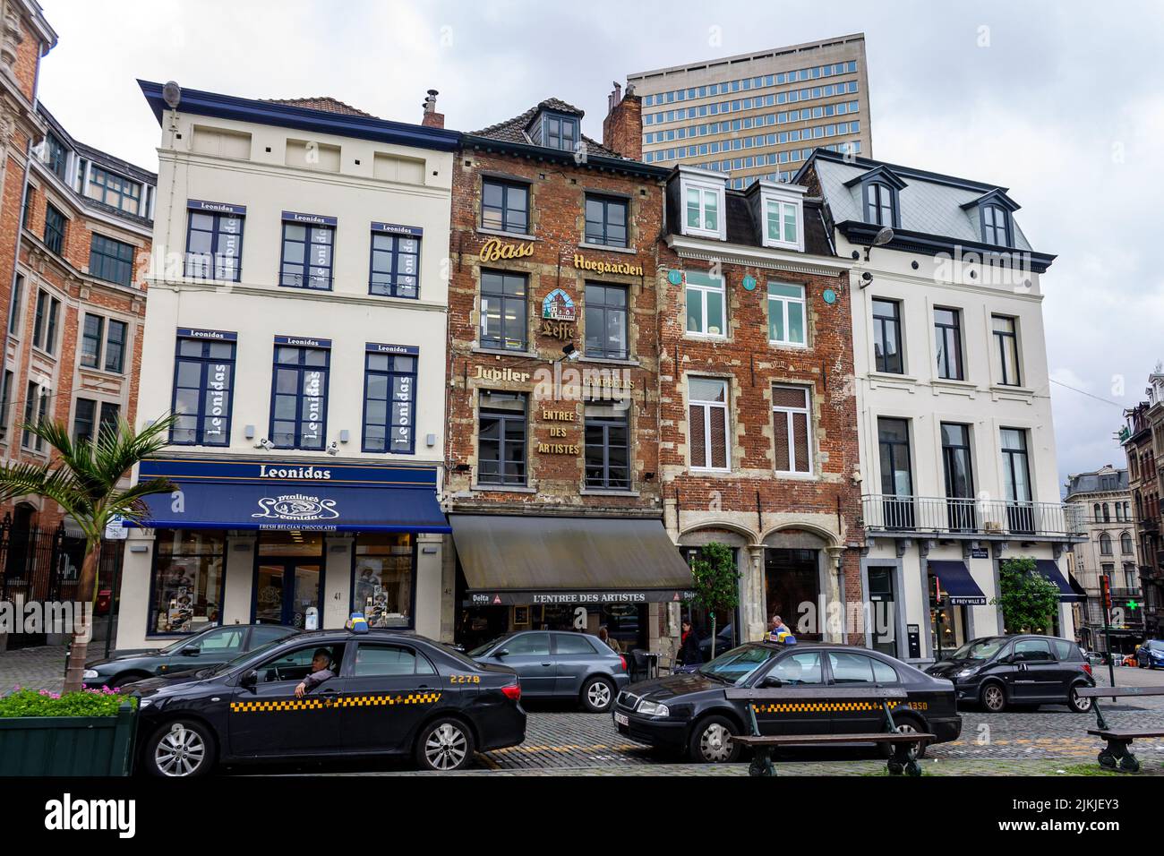 A scenic shot of typical European buildings in downtown Brussels ...