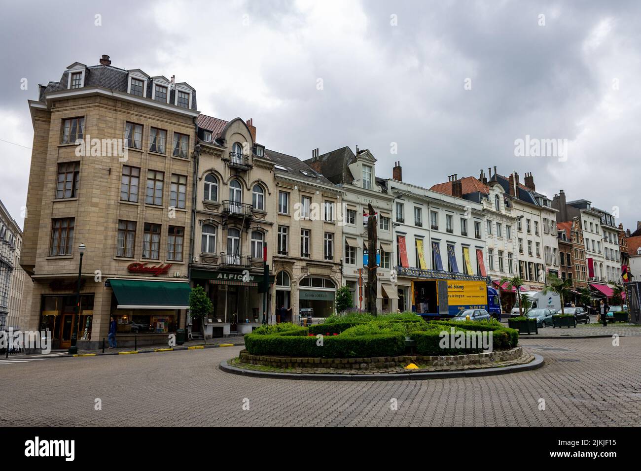 A scenic shot of typical European buildings in downtown Brussels ...