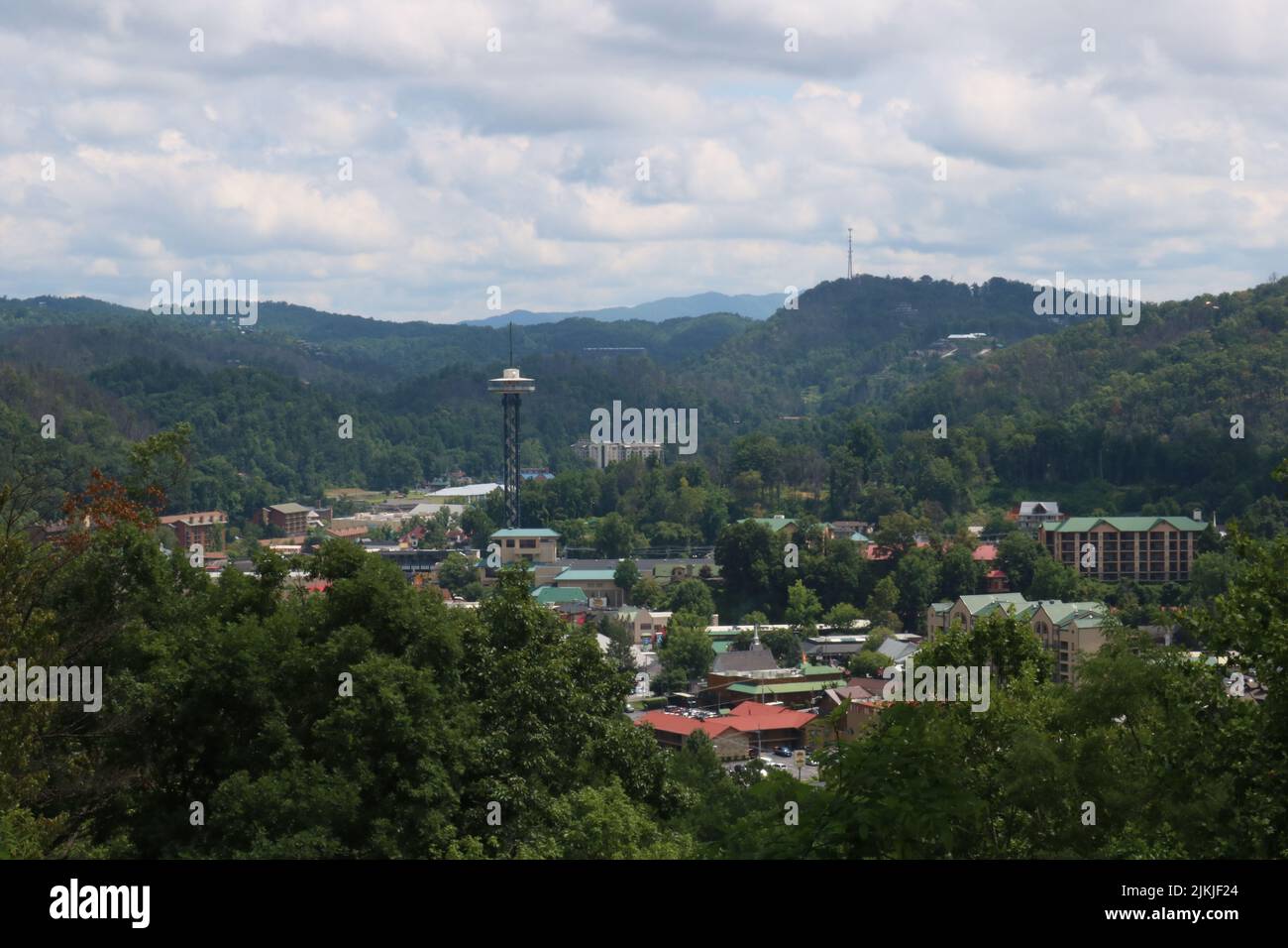 A scenery of buildings in Gatlinburg and the Great Smoky Mountains in ...