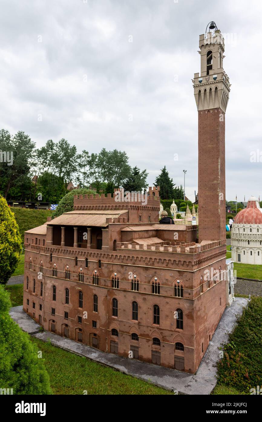A model of the Siena Tower in a park of miniature landmarks in Brussels ...