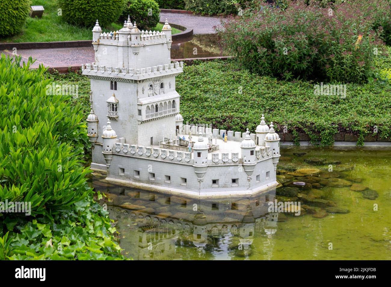 A model of the Belem Tower in a park of miniature landmarks in Brussels ...