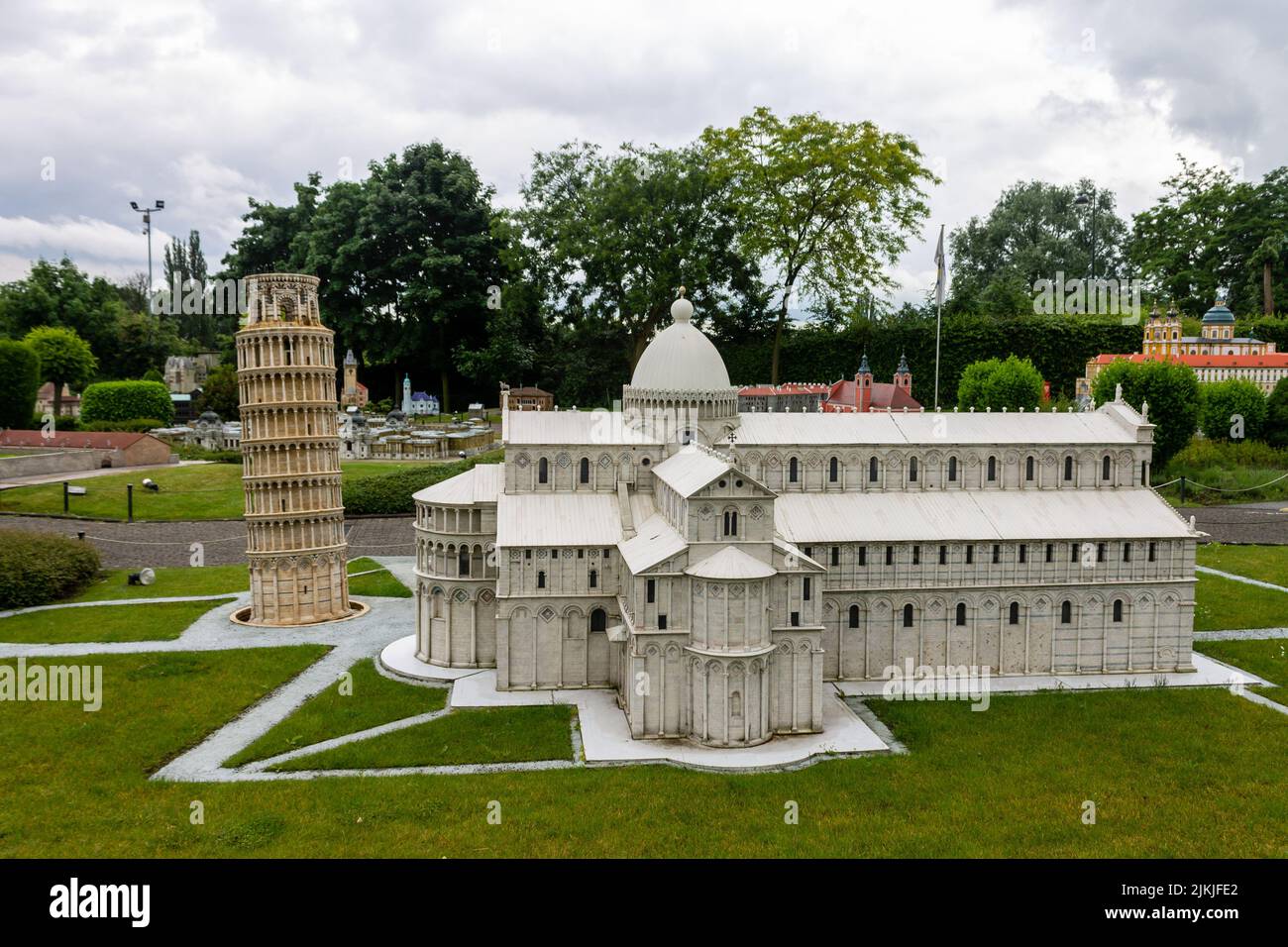 A model of the Leaning Pisa Tower in a park of miniature landmarks in ...