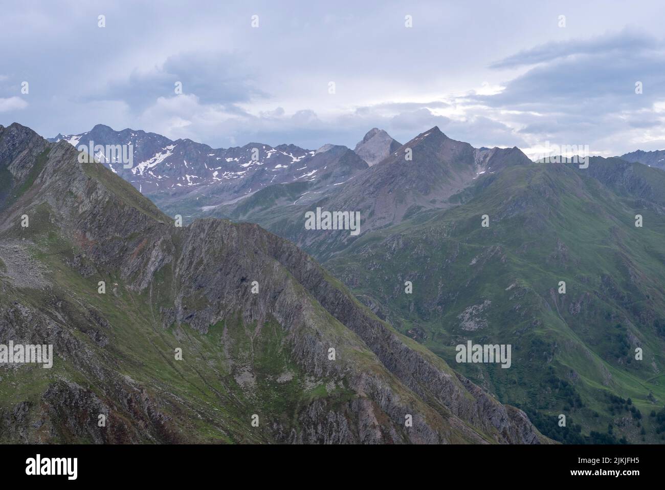 View from Timmelsjoch to the Alps, border between Austria and Italy ...