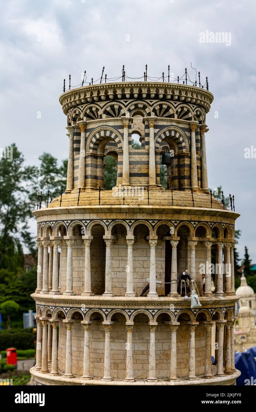 A model of the Leaning Tower of Pisa in a park of miniature landmarks ...