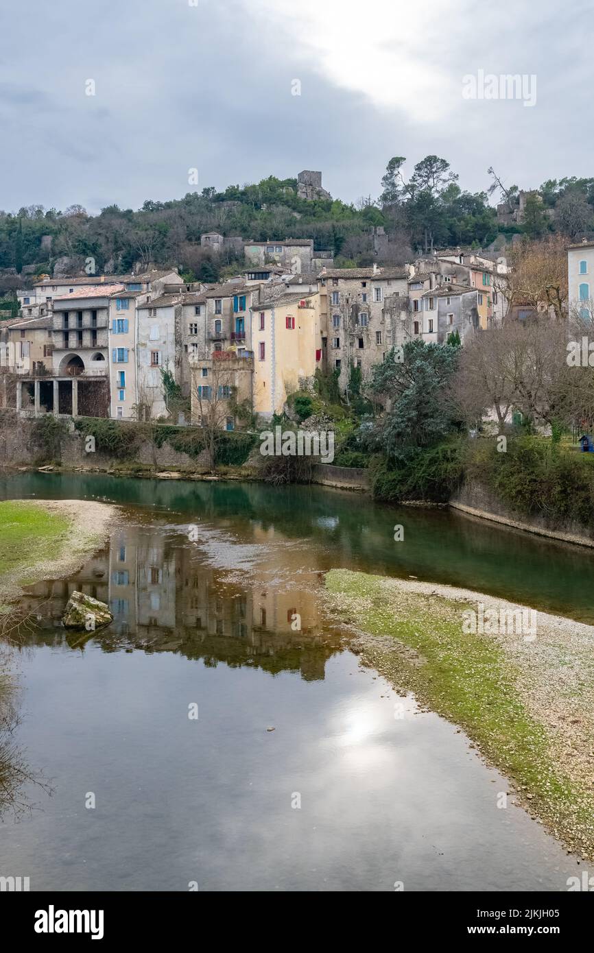 Sauve, medieval village in France, view of typical houses, reflection ...