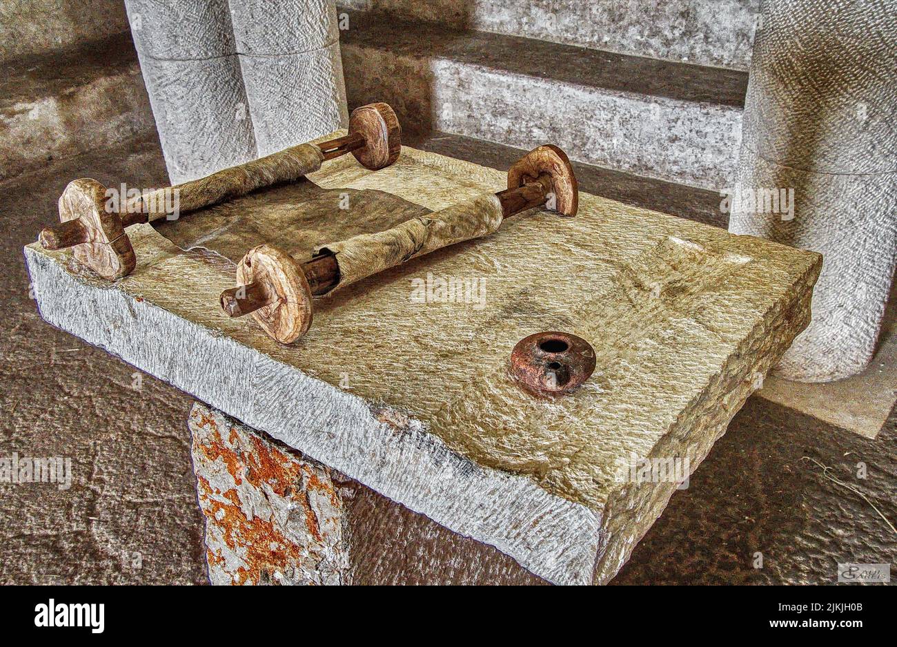 Replication of ancient biblical scroll handles with distressed scroll ...