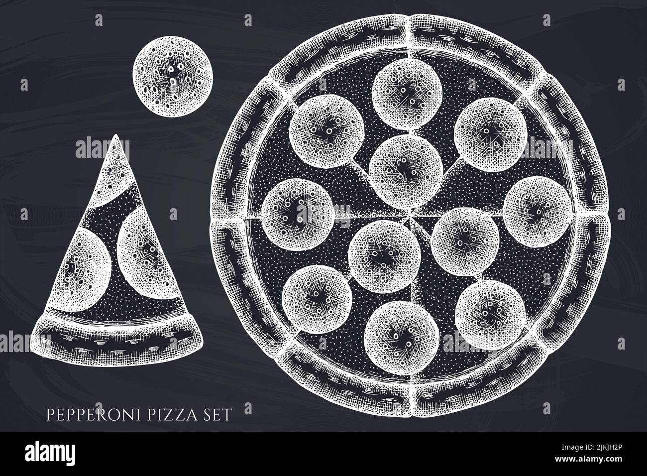 Pizza hand drawn vector illustrations collection. Chalk pepperoni pizza ...