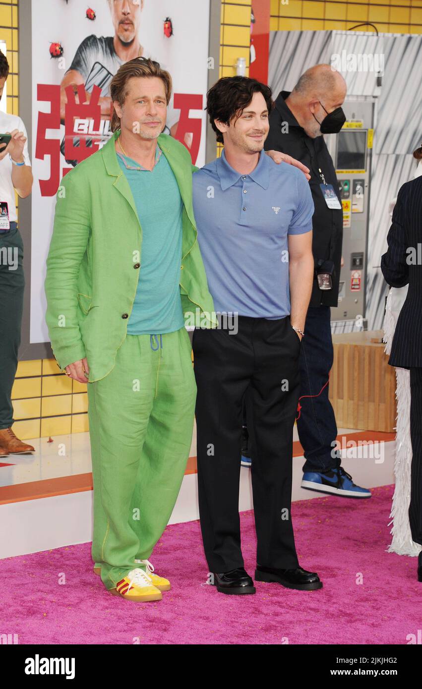 LOS ANGELES, CA - AUGUST 01: (L-R) Brad Pitt and Logan Lerman attend ...